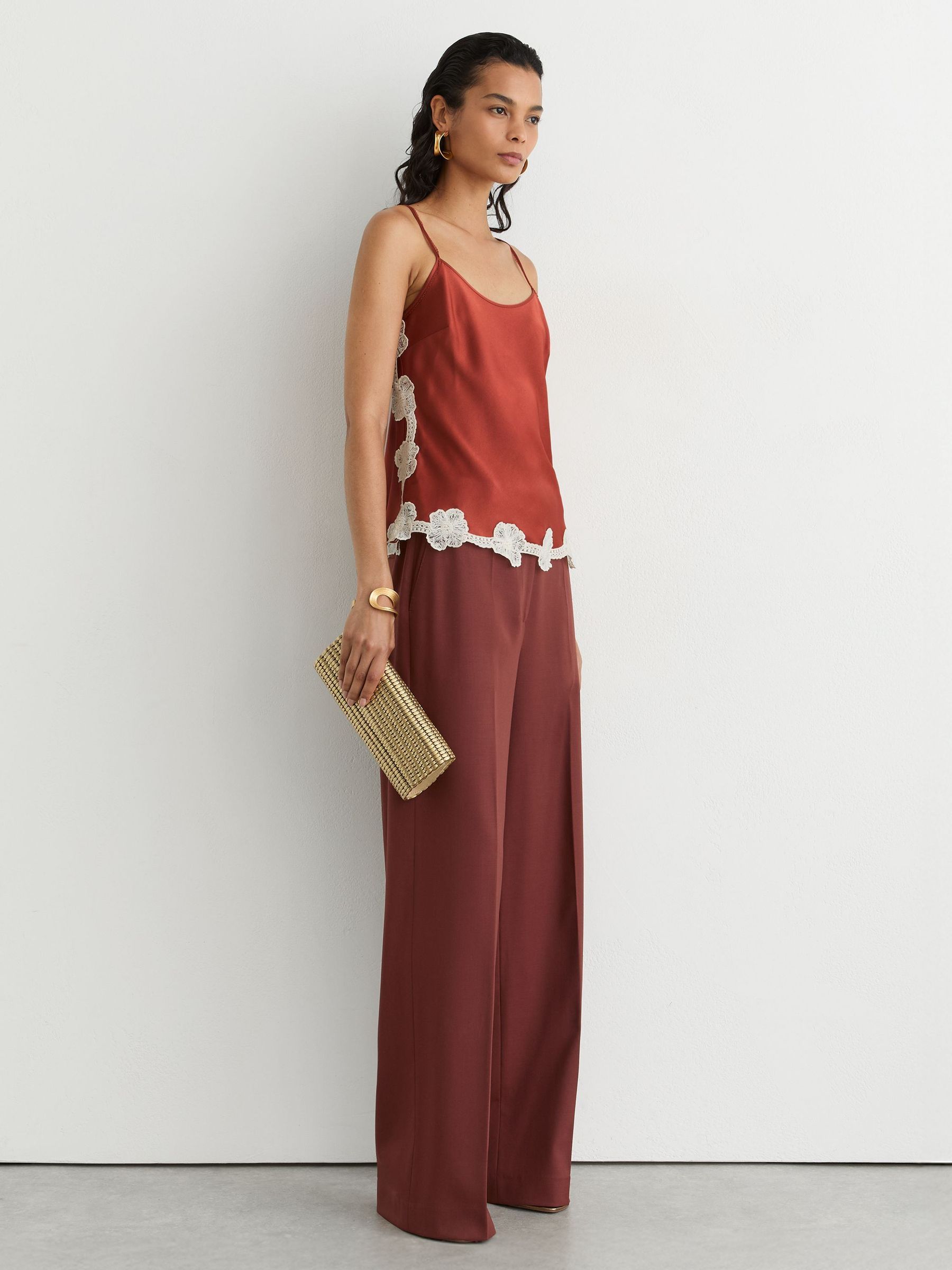 REISS Reiss Doa Satin Camisole with Floral Lace Trim